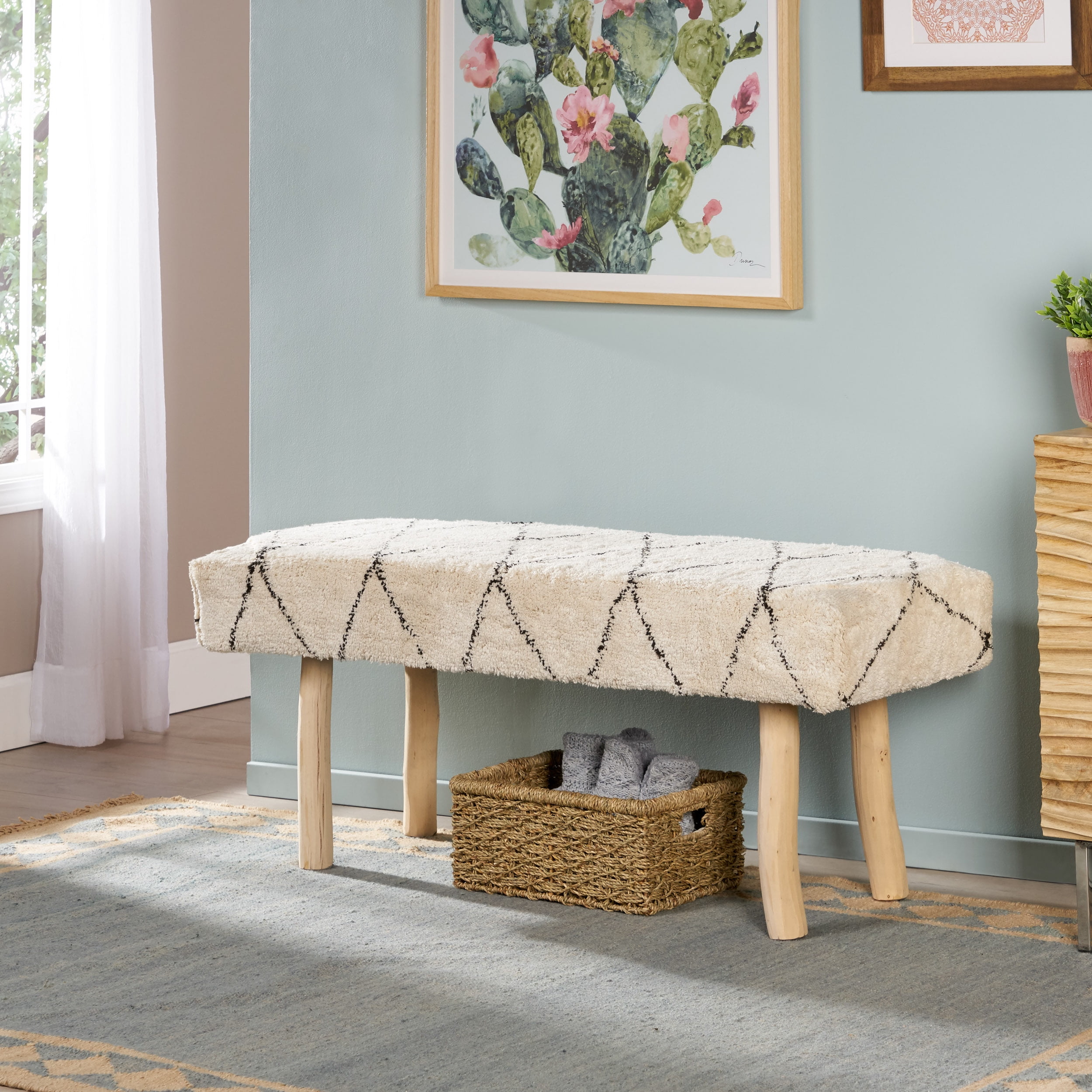 Noble House Anamta Handcrafted Boho Cotton Rectangular Bench, Ivory ...