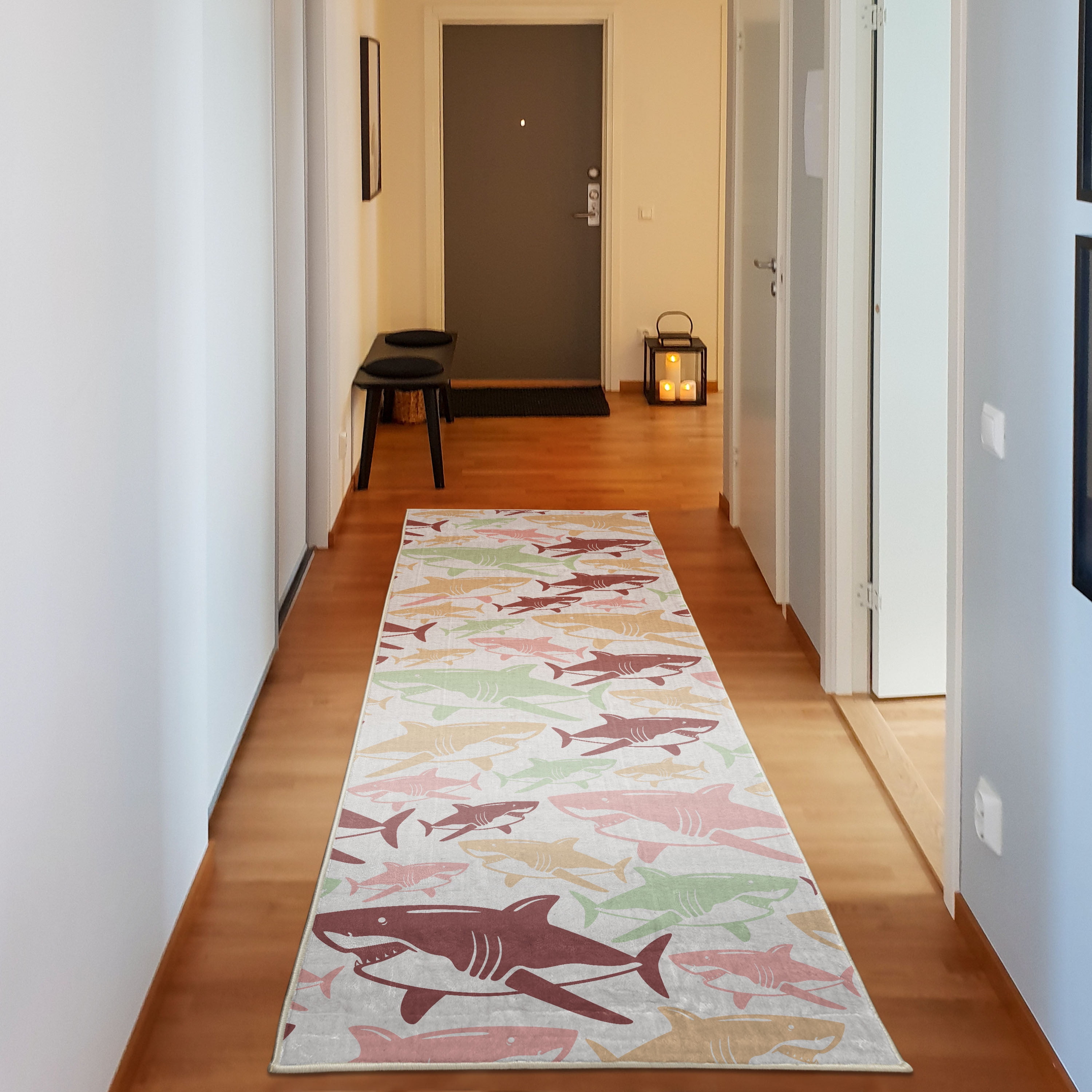 Shark Decorative Rug, Colorful Underwater Fish Pattern Masters Survival ...