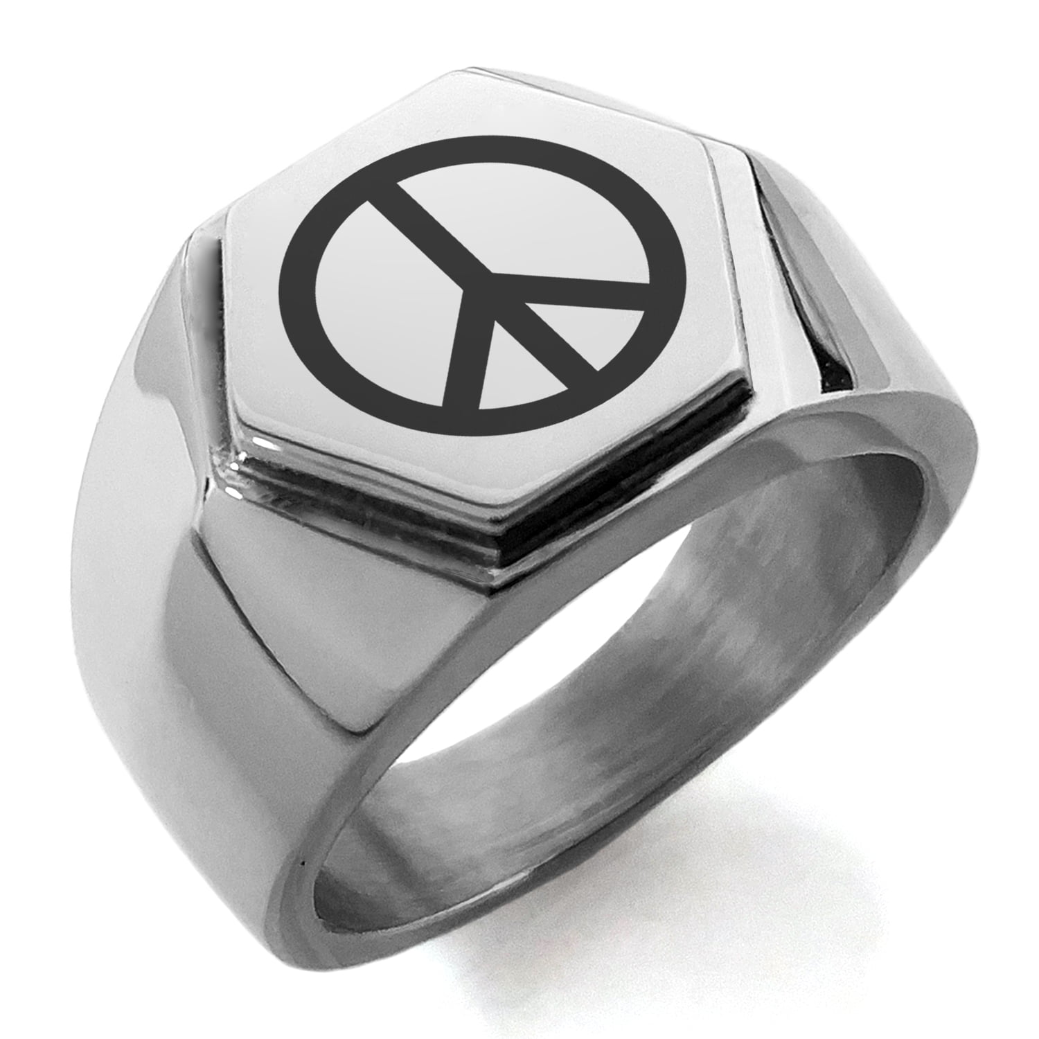 Stainless Steel Peace Engraved Hexagon Crest Flat Top Biker Style ...