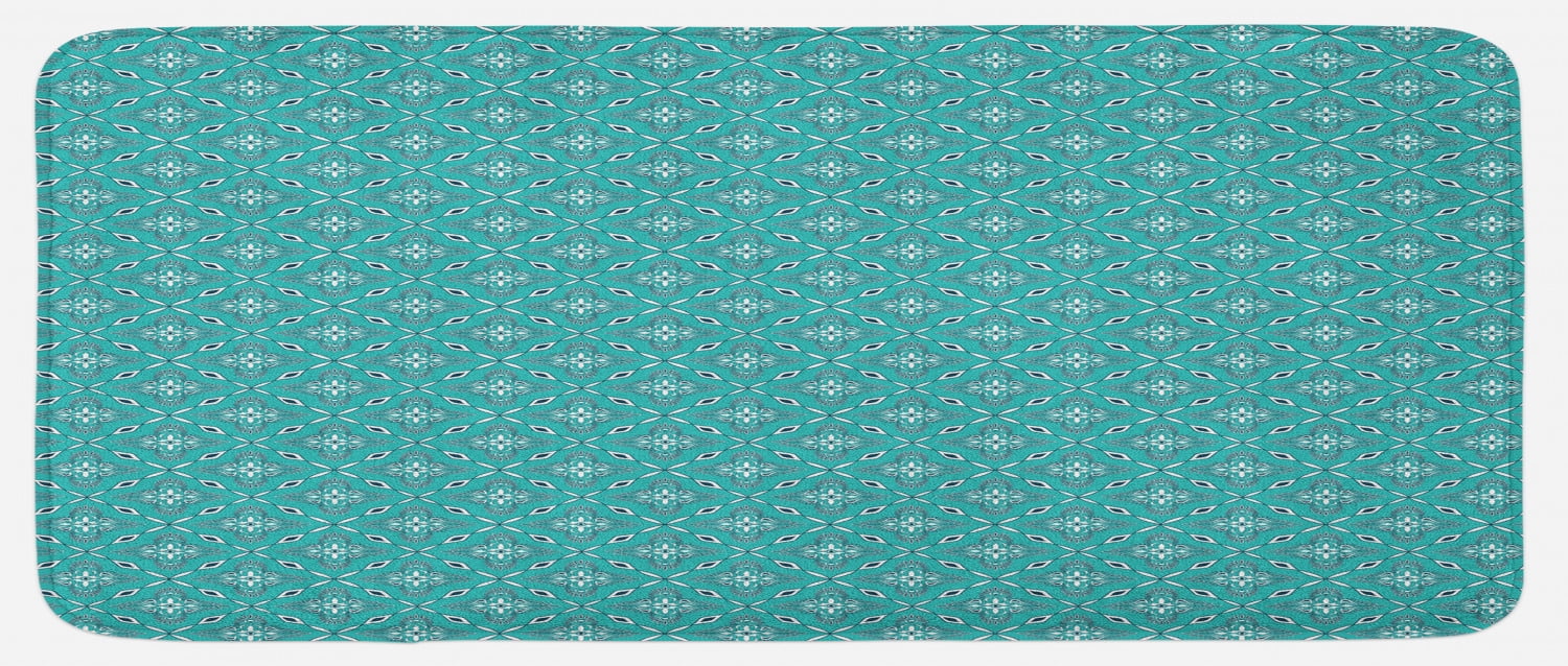 Turquoise Kitchen Mat, Moroccan in Geometric Rectangular Frames with ...