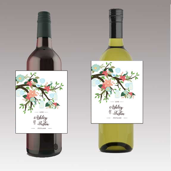 12 Flower Trees & Mason Jars Wine / Beer Bottle labels Easy to Use Self ...