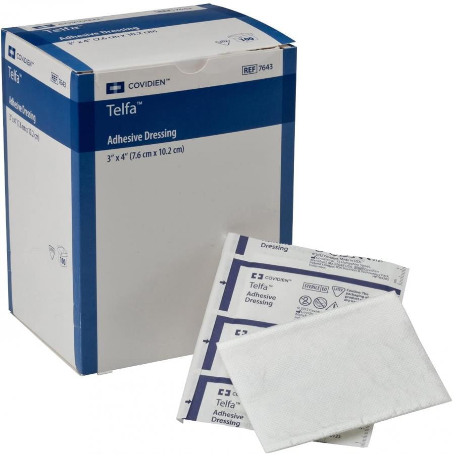 Telfa Adhesive Dressing, Film/Cotton, 3 Inches x 4 Inches, White ...