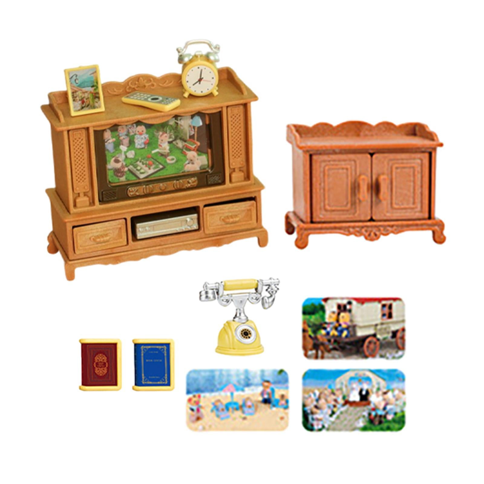 13 Pieces 1/12 TV Cabinet Set with Remote Control Dollhouse Telephone ...