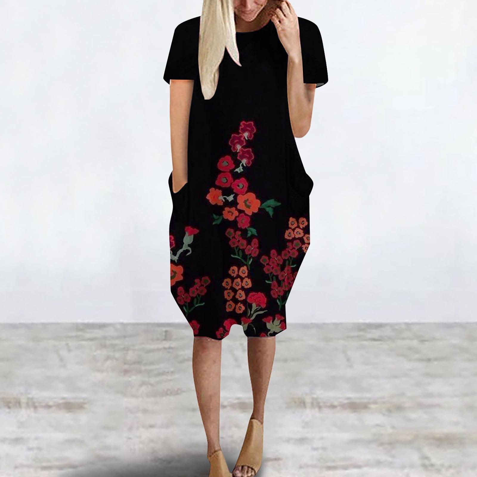Wenini Formal Dresses For Women Short Sleeve Crewneck Floral Print