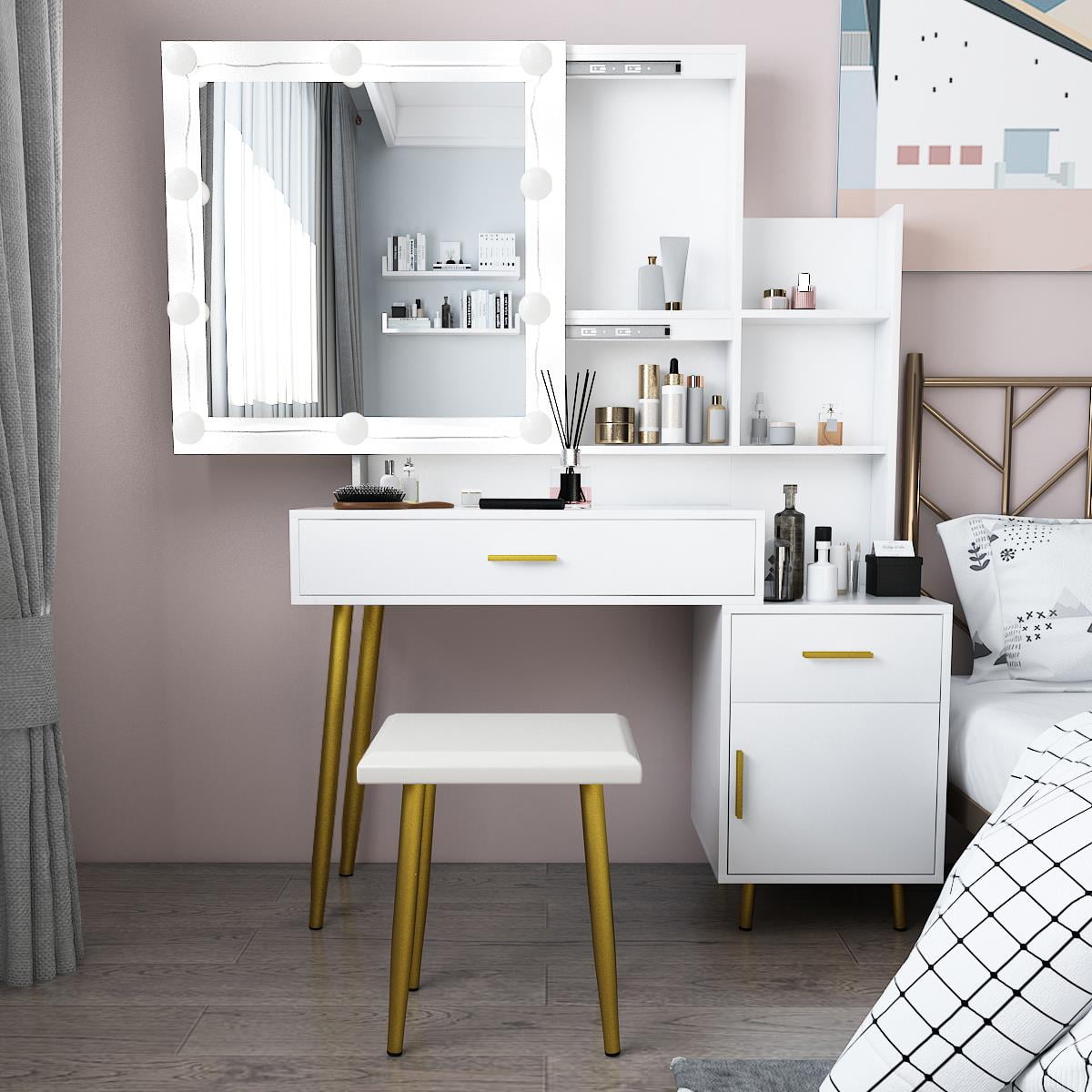 Ktaxon Vanity Set with 3 Color Lighted Mirror, Makeup Table with 3 ...