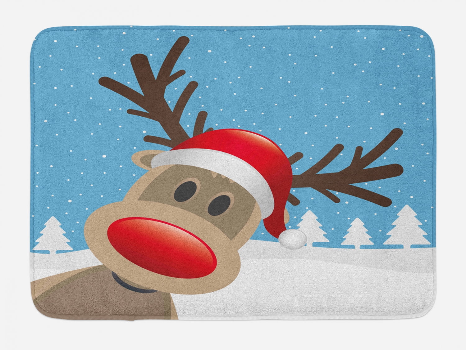 Christmas Bath Mat, Reindeer Rudolph with Red Nose and Santa Claus Hat ...