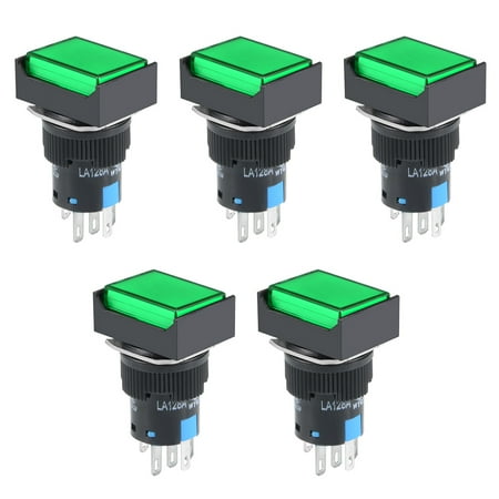 5Pcs 16mm Instant Push Button Switch Green LED Light Square Button 1 NO ...