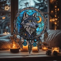 Wolf Dreamcatcher Acrylic Suncatcher, Vibrant Faux Stained Glass Moon ...