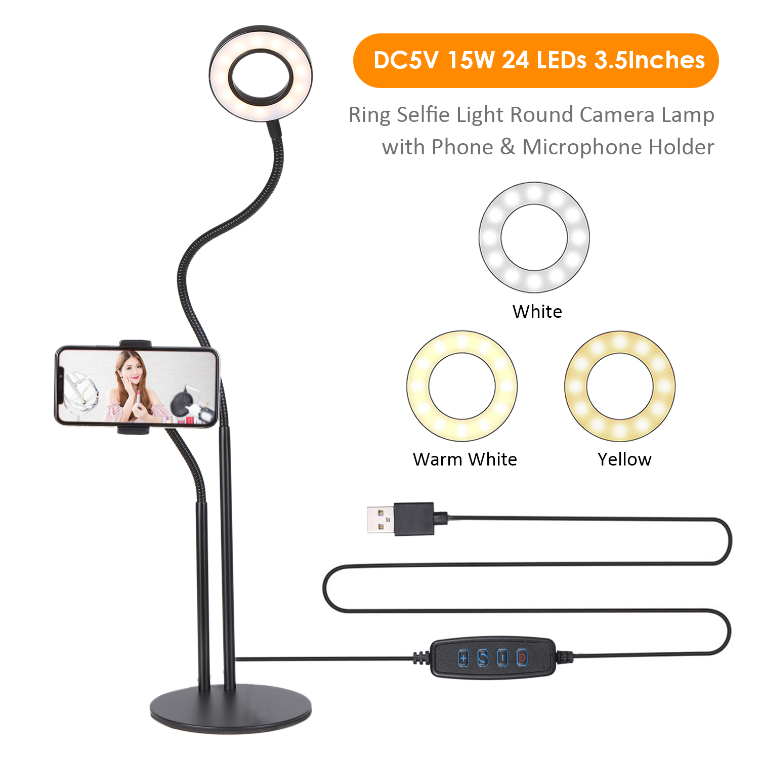 DC5V 15W 24 LEDs 3.5Inches R-ing Selfie Light Round Camera Lamp USB ...