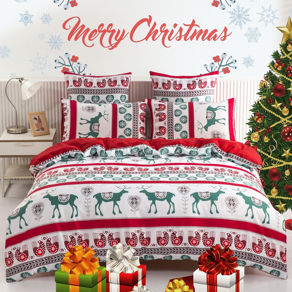 Kids Christmas Red Reversible Duvet Cover Elk Print Bedding Sets ...