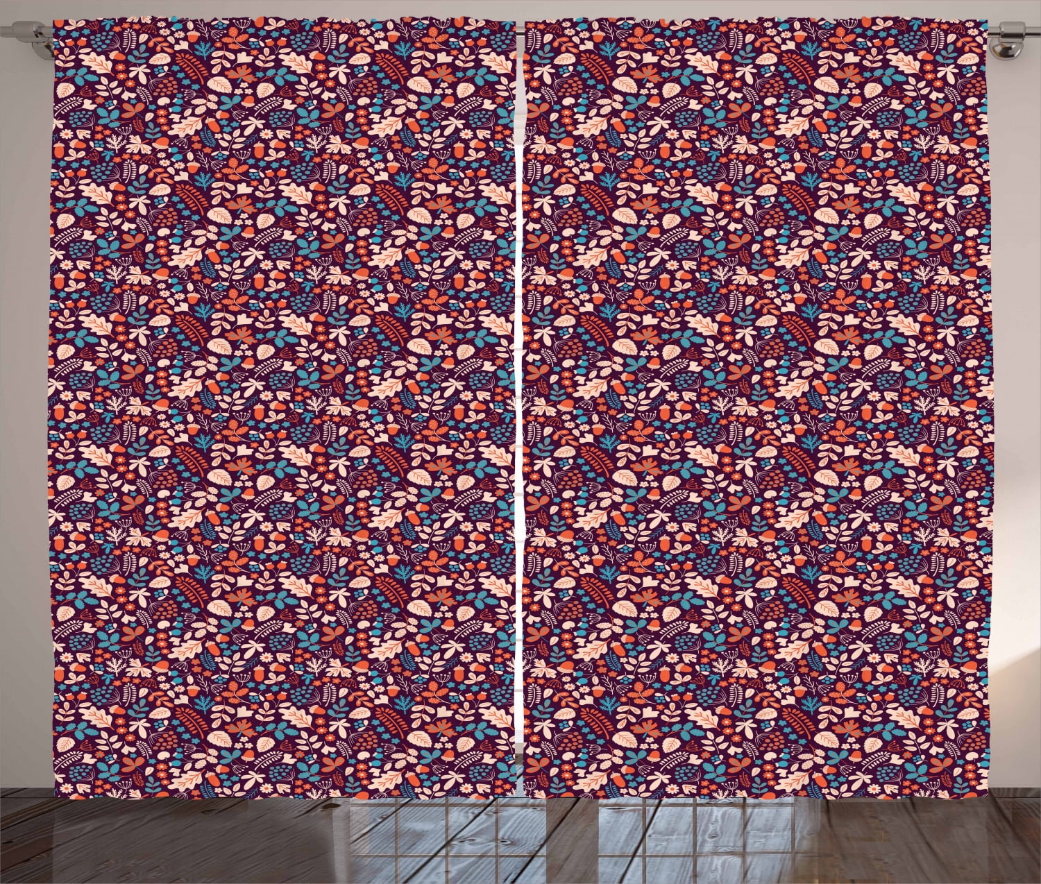 Acorn Curtains 2 Panels Set, Pattern with Autumn Leaves Berries Poppies ...