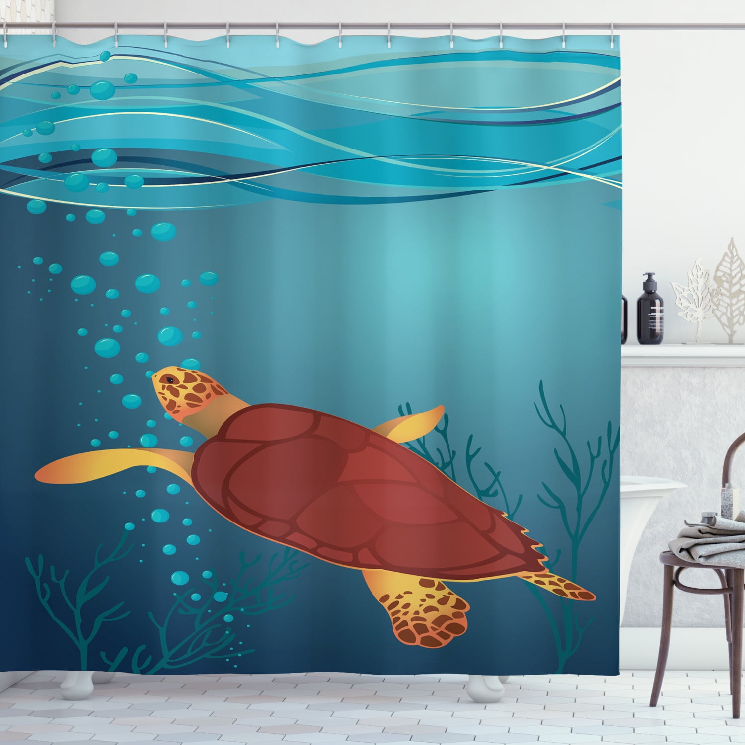 Turtle Shower Curtain, Cartoon Illustration of a Coffee Color Tortoise ...