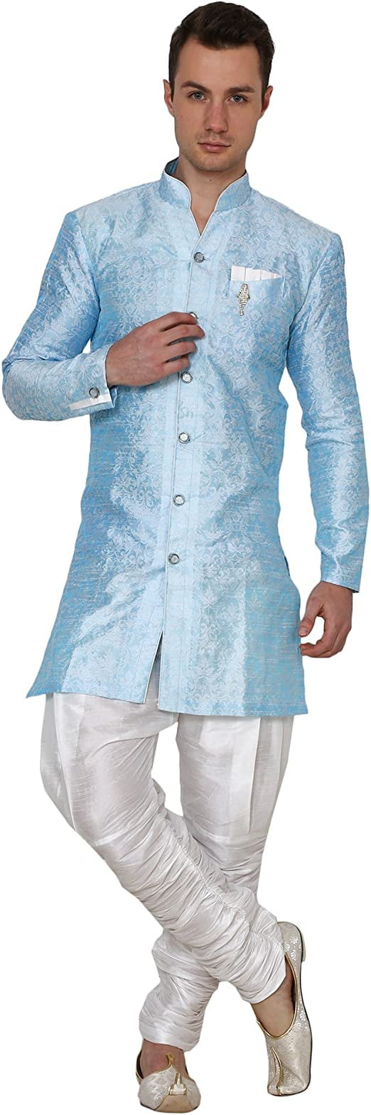 Royal Kurta Men's Silk Blend Floral Indowestern Sherwani Sky Blue 40 ...