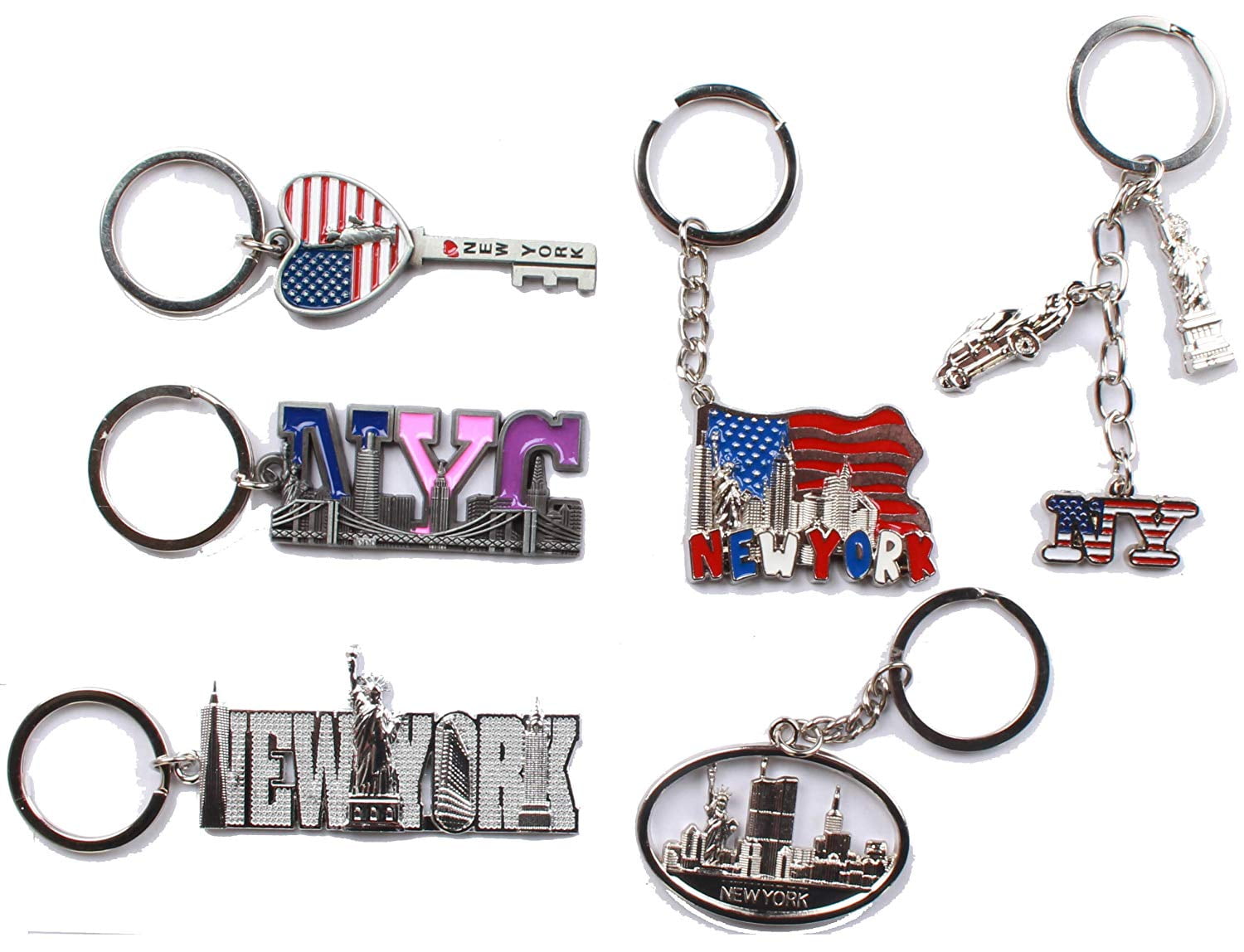 New York NYC Key-Chains Set of 6 Statue of Liberty,USA Flag,World Trade ...