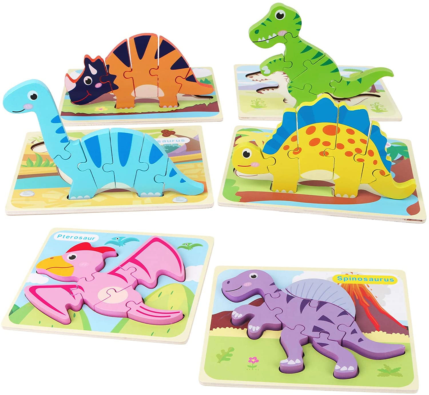 SYNARRY 6 Pack Dinosaur Wooden Puzzles for Kids 2-5, Wooden Puzzles for ...