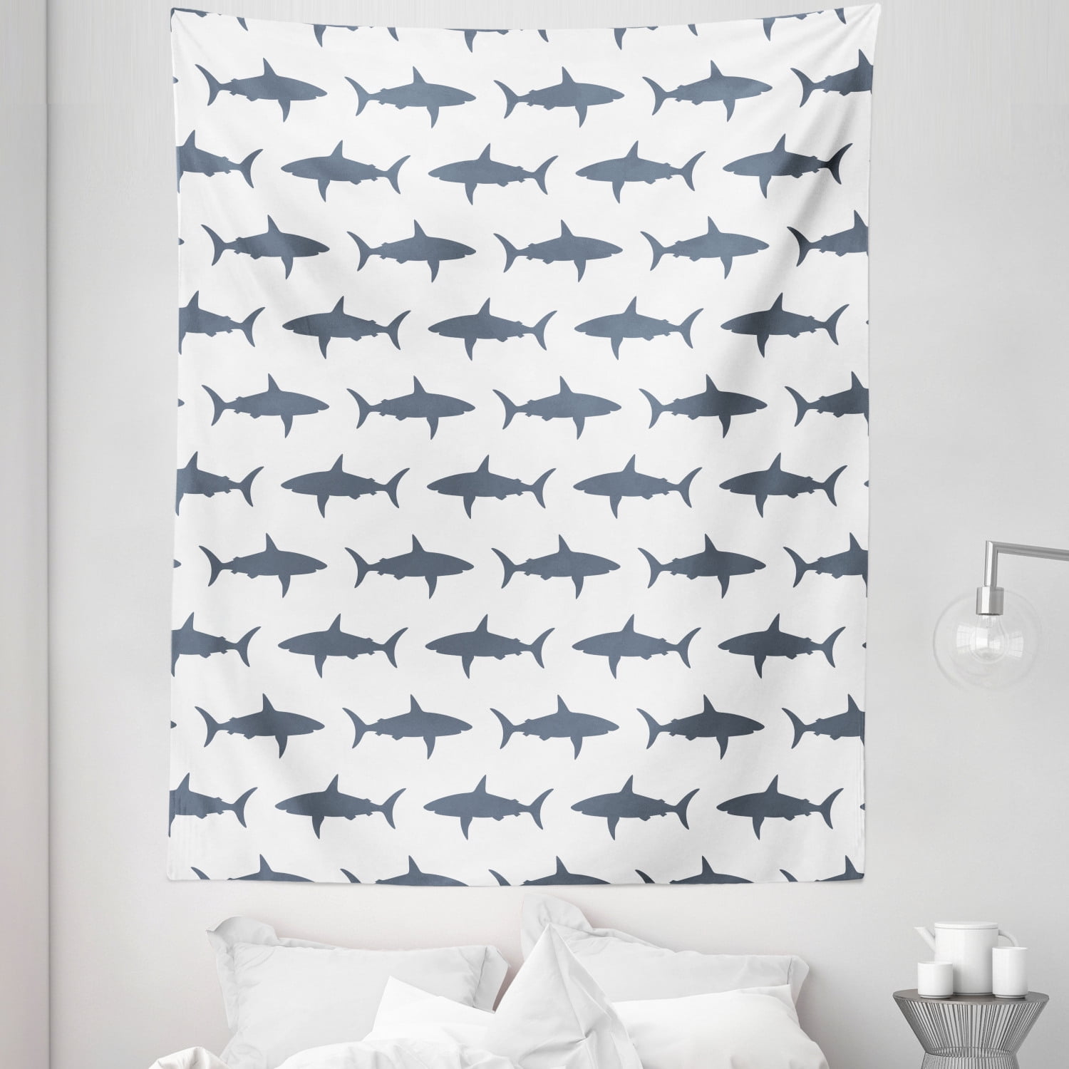 Shark Tapestry, Sharks Swimming Horizontal Silhouettes Powerful ...