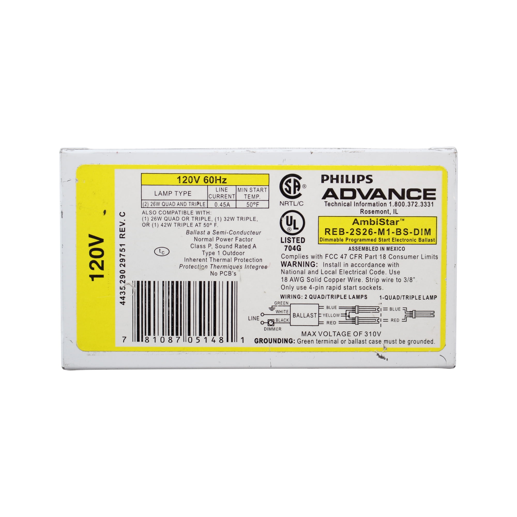 Advance REB-2S26-M1-BS Dimmable Electronic CFL Fluorescent Ballast, 26W ...