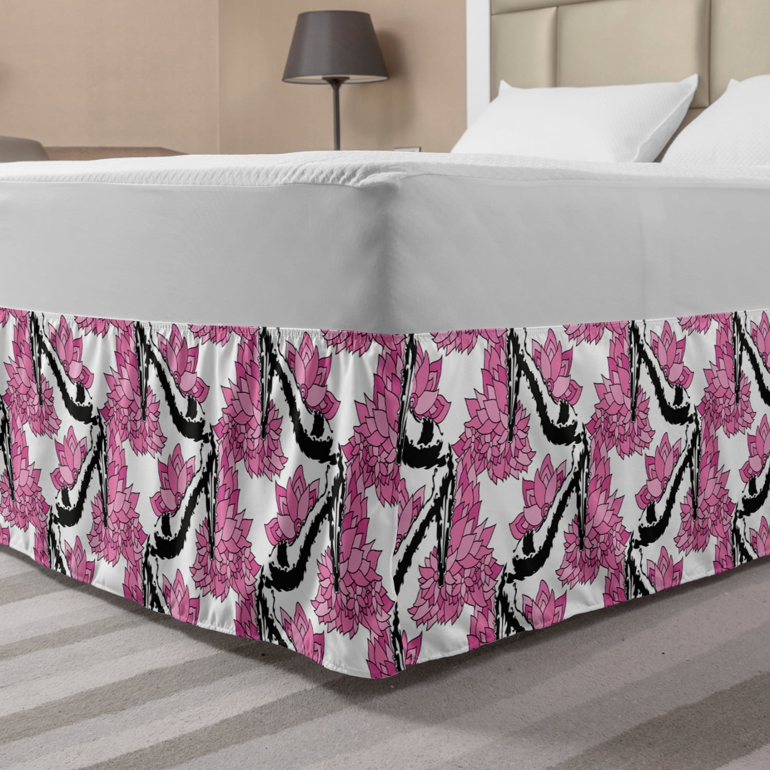 Floral Bed Skirt Pattern Of Curves And Streaks With Flower Motifs