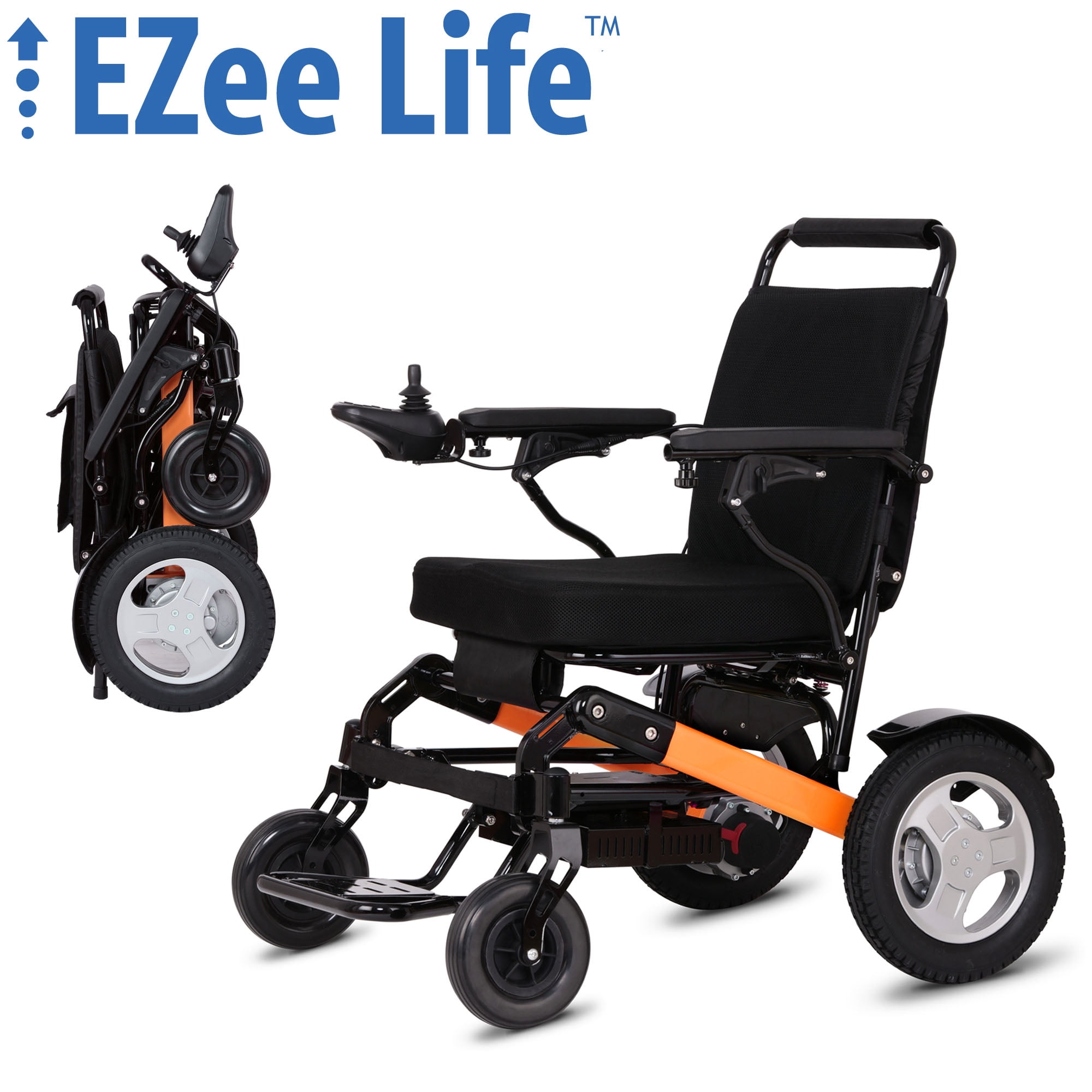 Ezee Life 2g Ezee Fold Pro Electric Power Wheelchair With 12 Rear Wheels Orange And Black