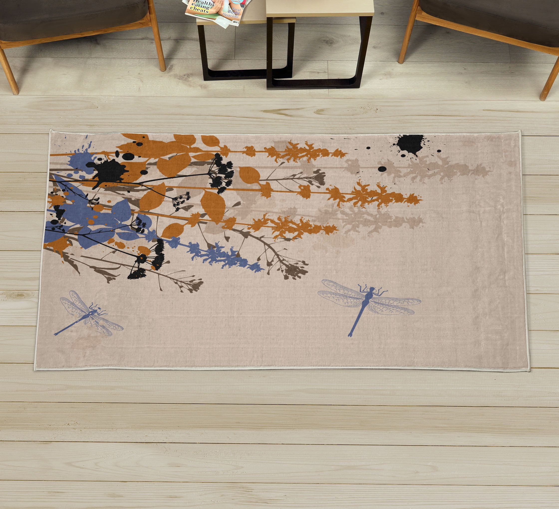 Dragonfly Decorative Rug, Nature Plants Grass with Wildflowers with ...