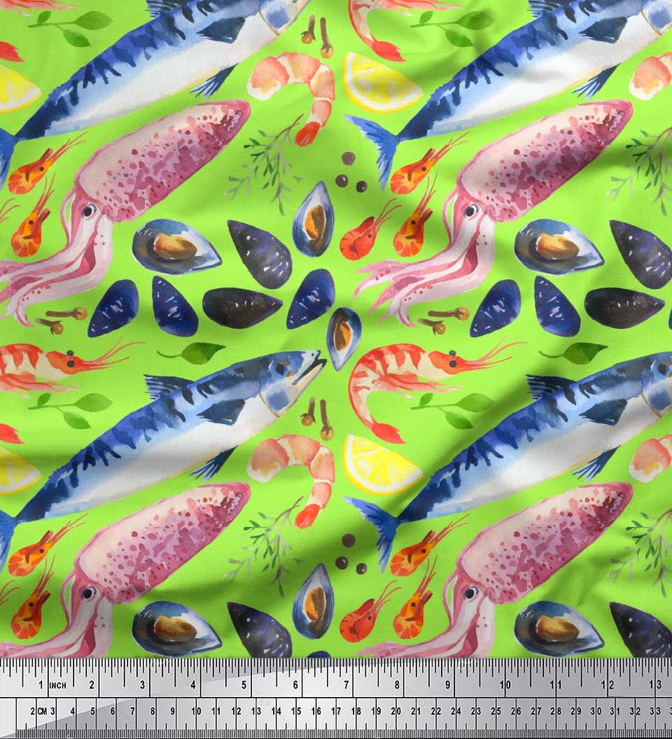 Soimoi Green Satin Silk Fabric Prawns,Shell & Jellyfish Ocean Fabric ...