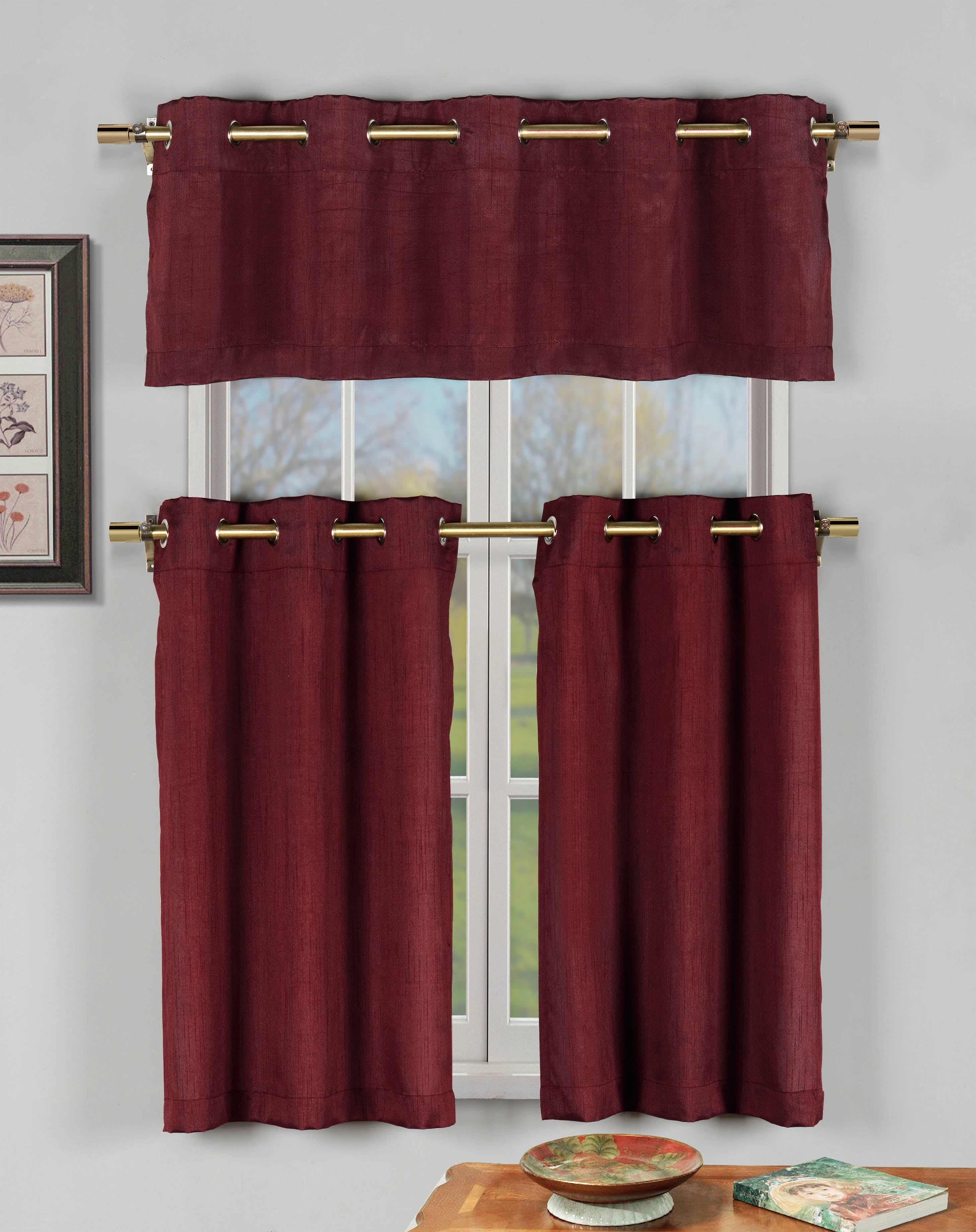 Garnet 3 Pc Kitchen Window Curtain Set with Silver Metal Grommets: 1 ...