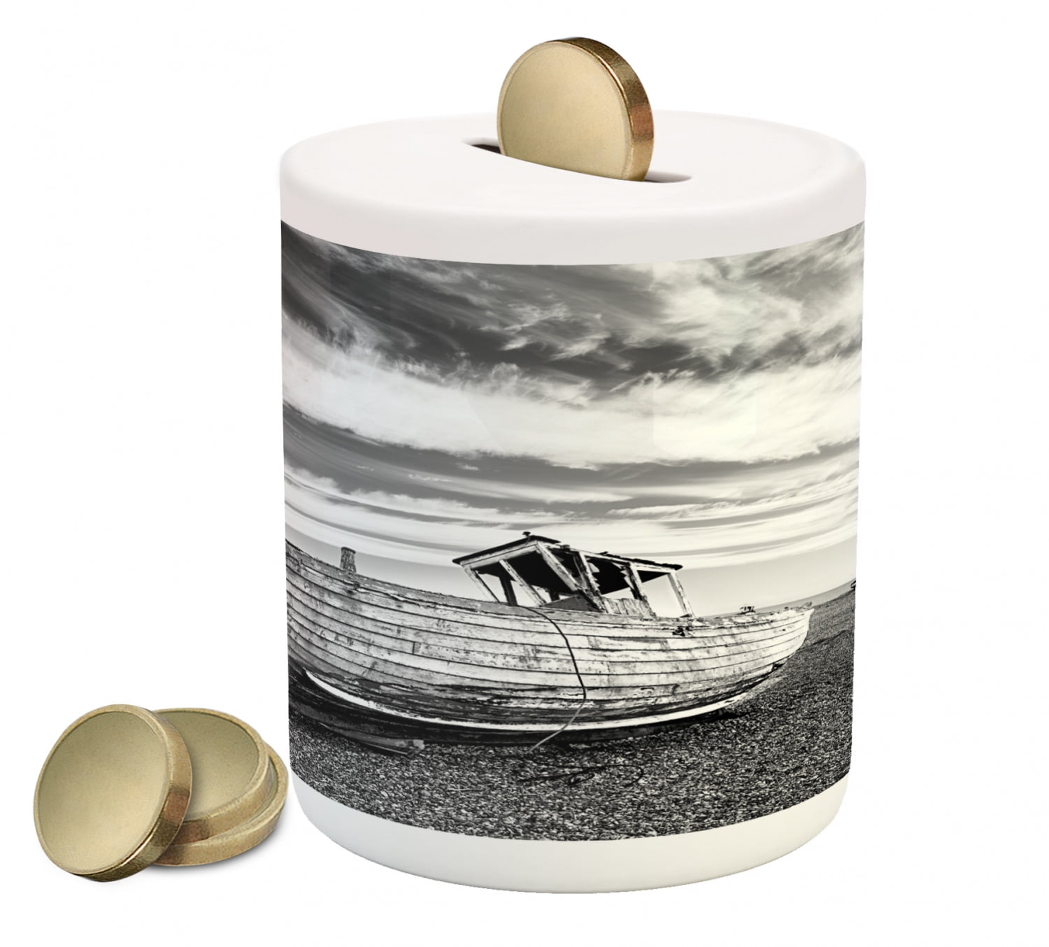 Shipwreck Piggy Bank, Picture of a Dated Wooden Boat on Rocky Beach and ...