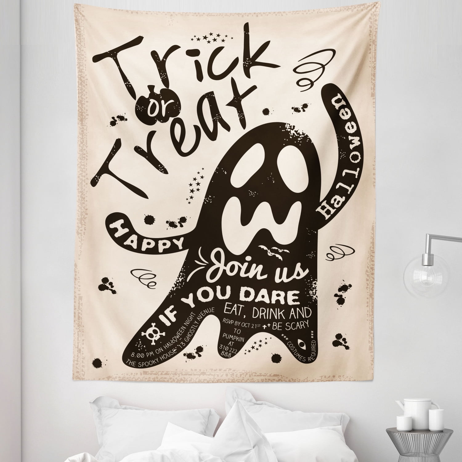 Ghost Tapestry, Halloween Trick or Treat Ghost Illustration with Grunge ...