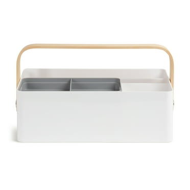 U Brands White Plastic and Wood Desk Caddy, Multi-Compartment, 5387U