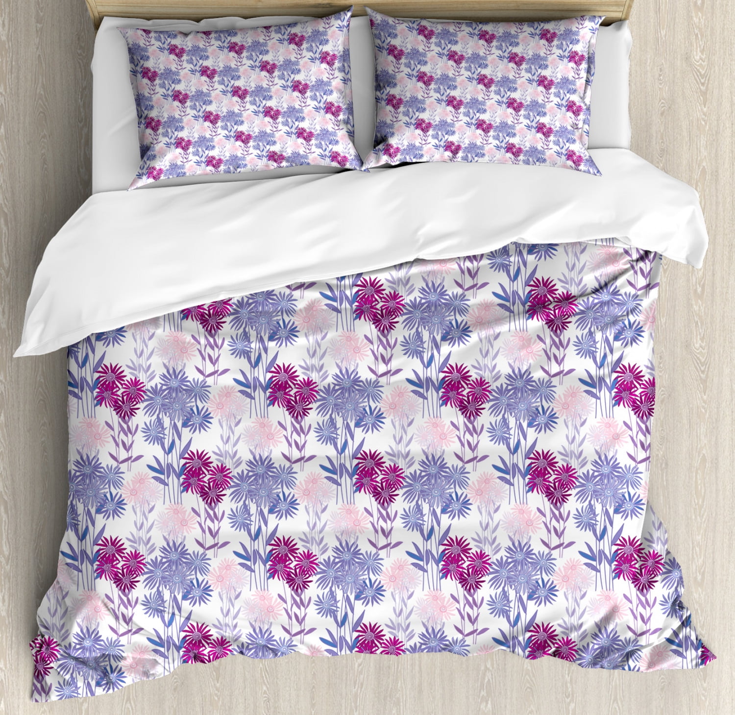 Aster Duvet Cover Set Queen Size, Botanical Field with Leaves and ...
