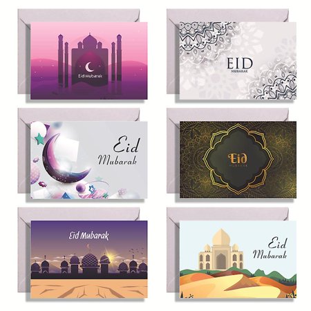 6pcs Castle Print Eid Mubarak Greeting Card With Envelopes And Stickers ...