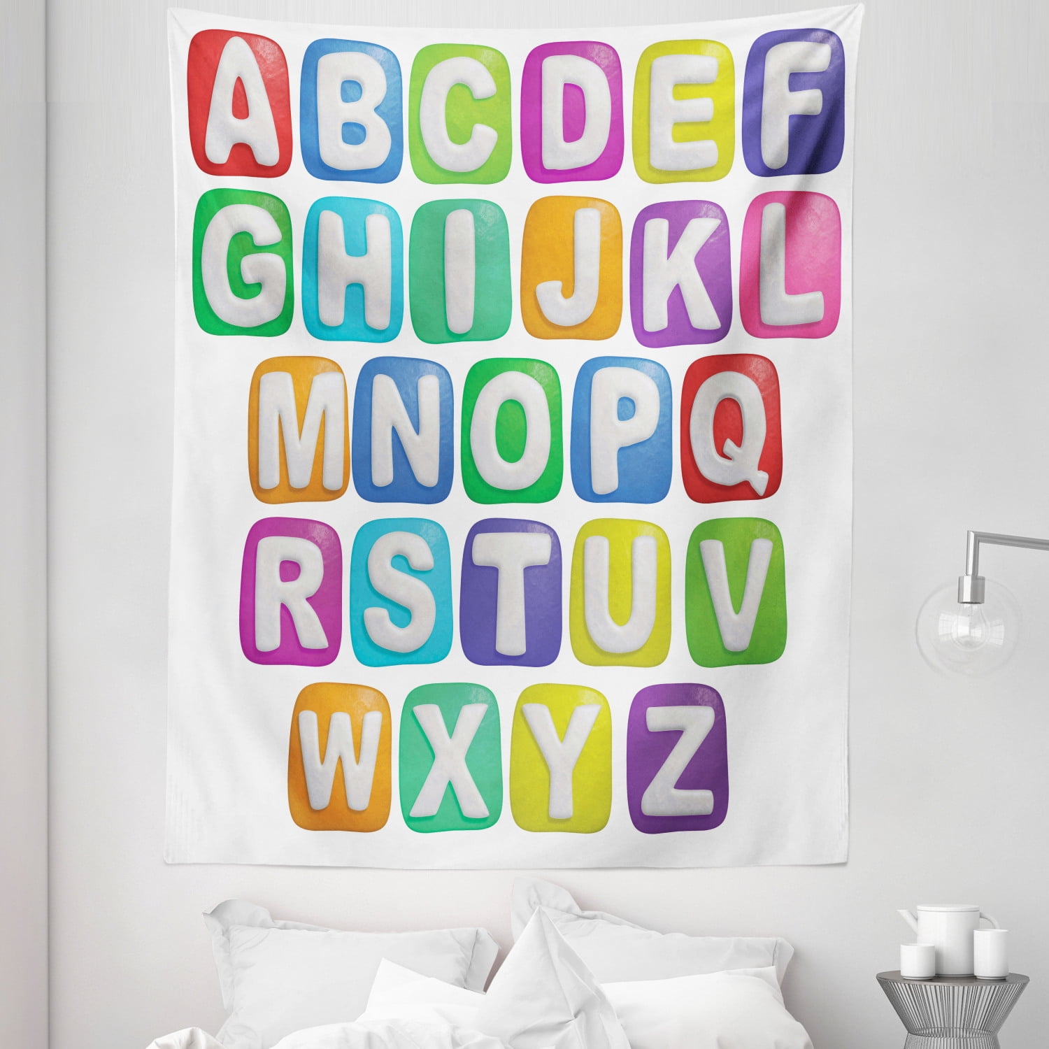 Letter Tapestry, Cartoon Style Colorful Alphabet Squares Design, Fabric ...