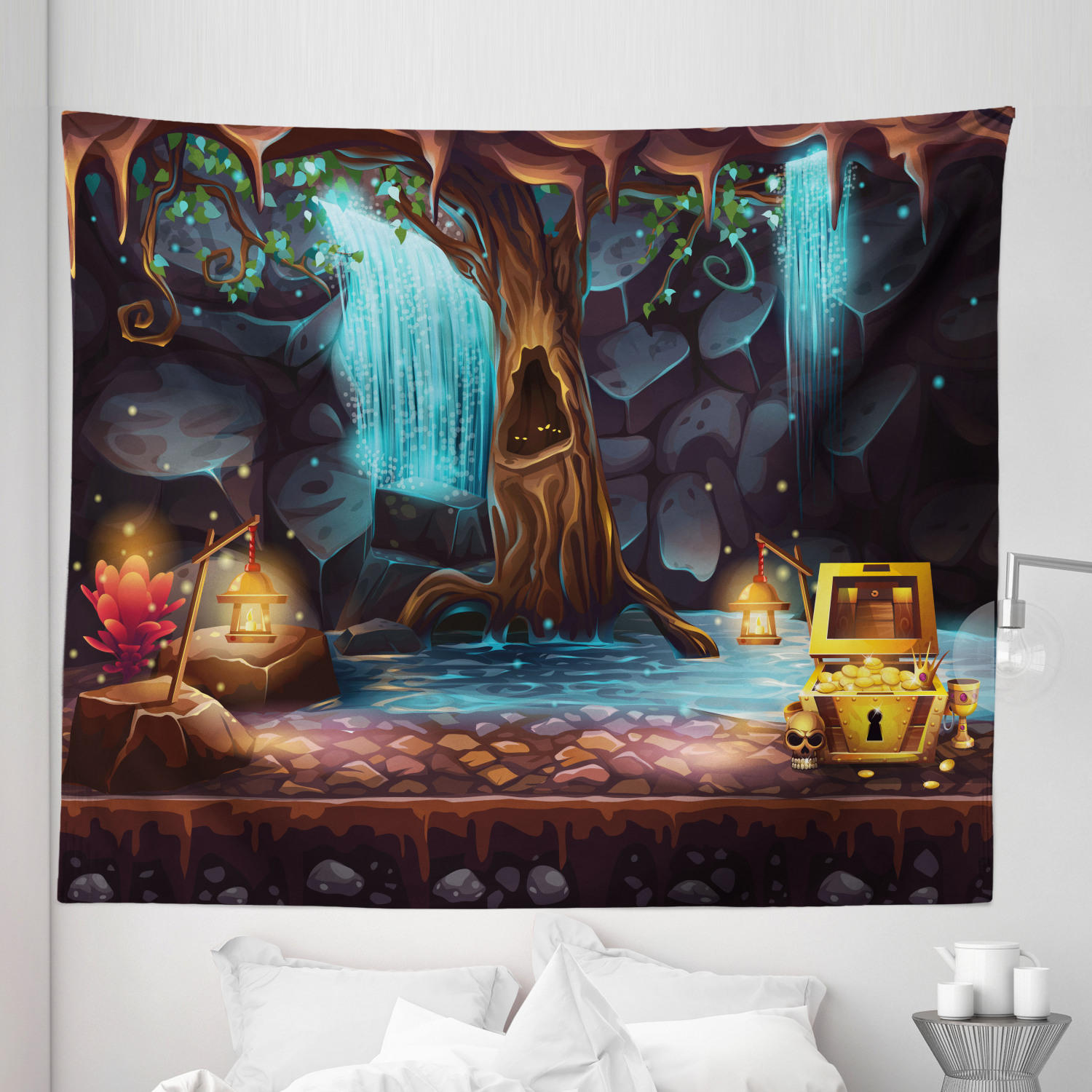 Fantasy Tapestry, Cartoon Style Cave Landscape with a Big Tree Treasure ...
