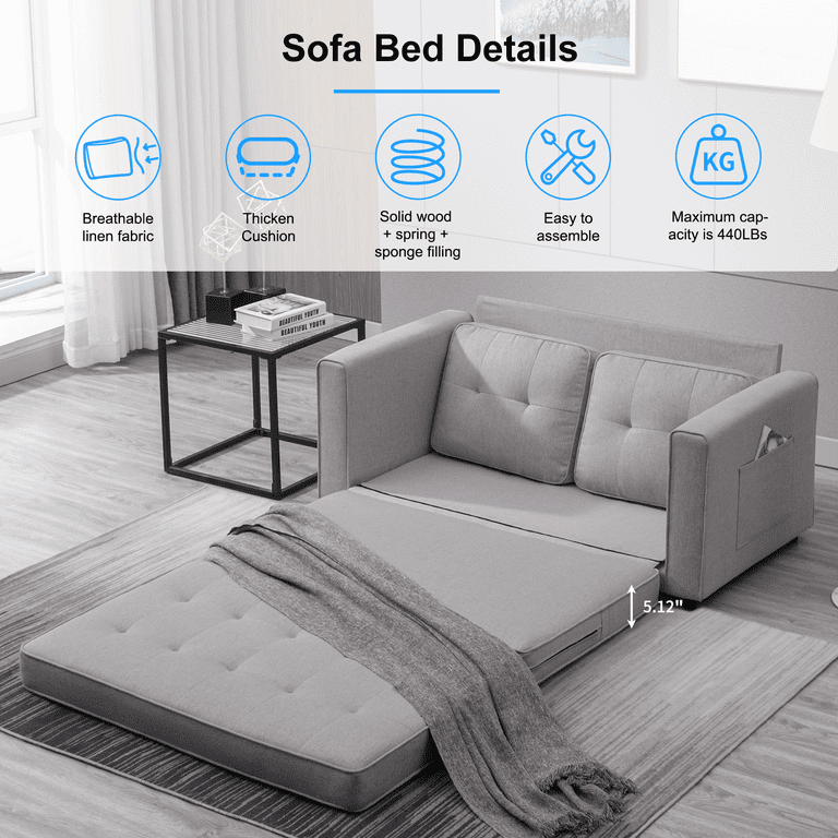 BALUS Loveseat Sleeper Sofa Convertible Futon Sofa Bed with Pull out Couch and Fold out mattress Light Grey