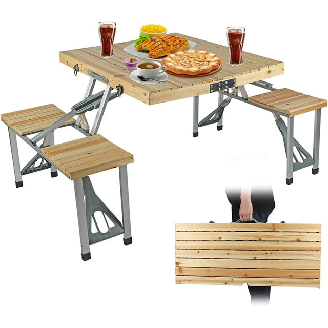 BIGTREE Foldable Camping Picnic Table with Seats Chairs and Umbrella ...