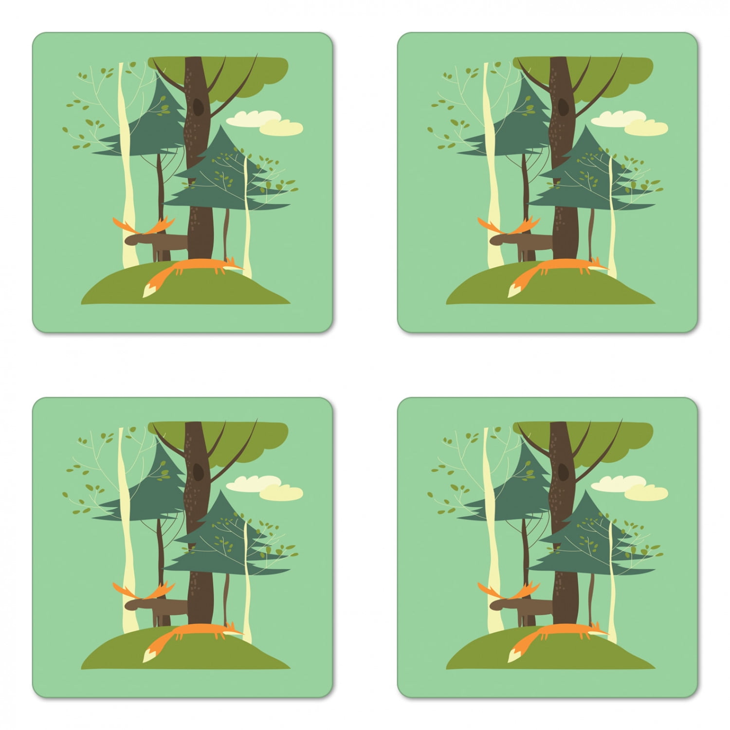 Nursery Coaster Set of 4, Elk and Fox in the Forest Blossoming Spring ...