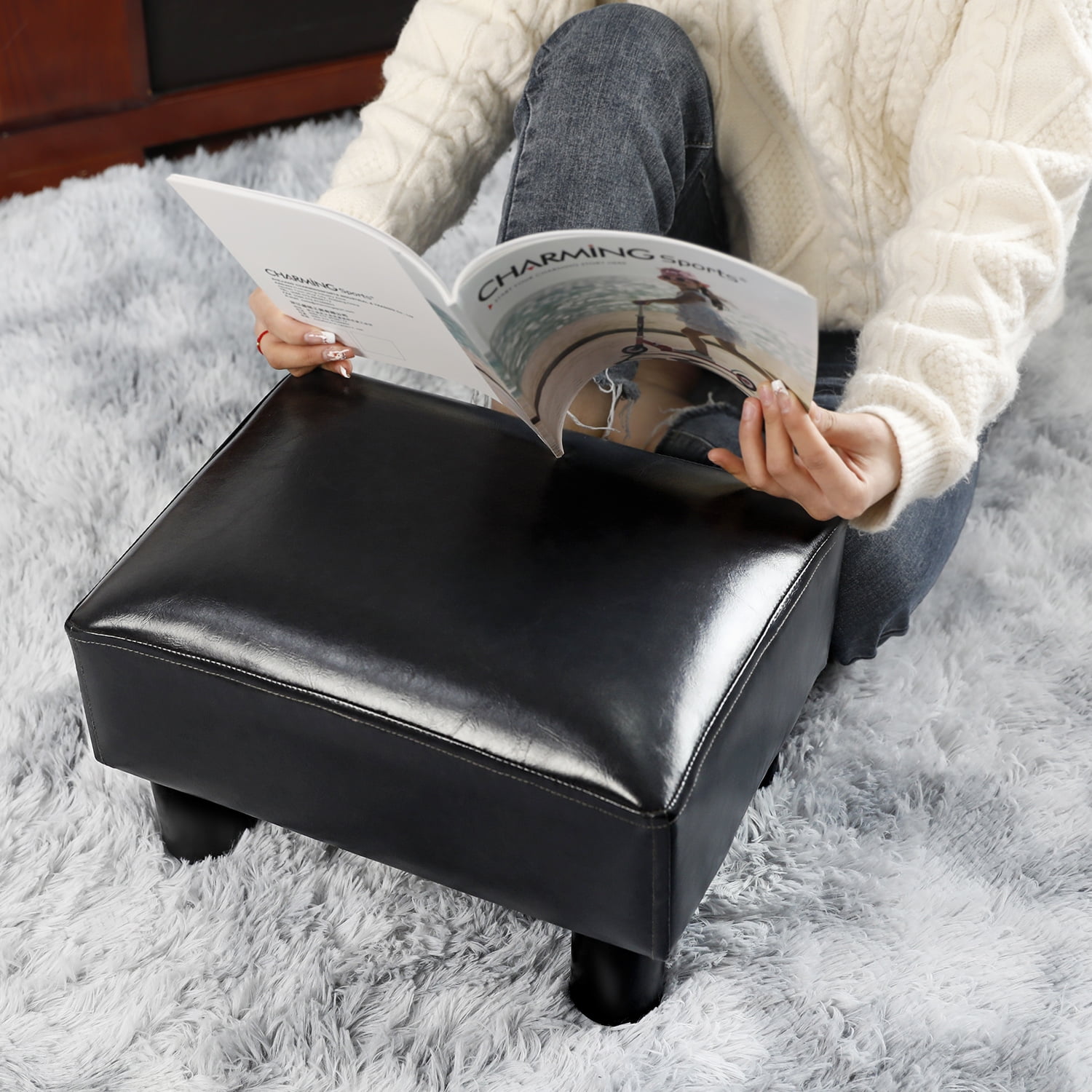 Touch-Rich 16" Small Footstool PU Leather Ottoman Footrest Modern Home ...
