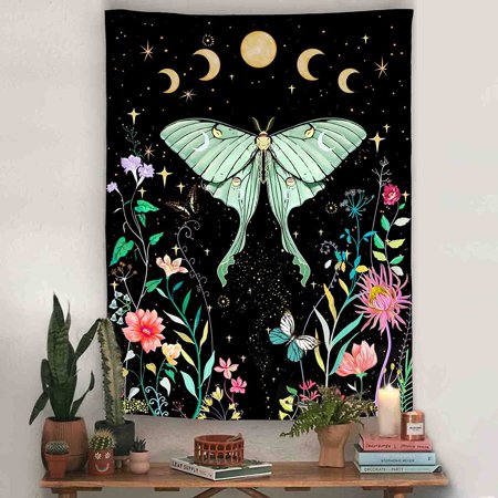 Moth Tapestry Tapestry,Flower Vertical Tapestry Moon and Stars Floral ...