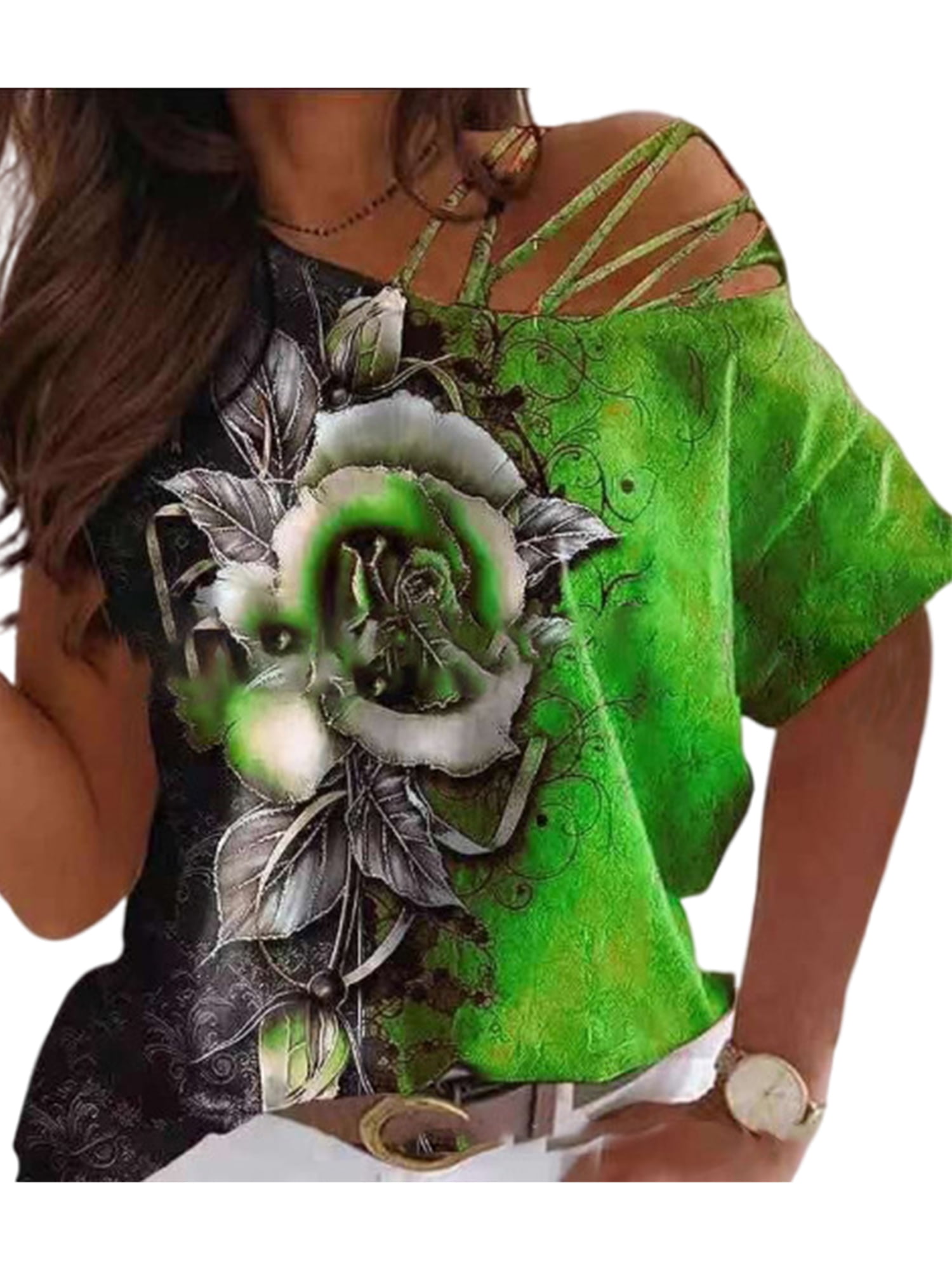 Sexy Dance Women Off Shoulder Summer Top Floral Print Color Block