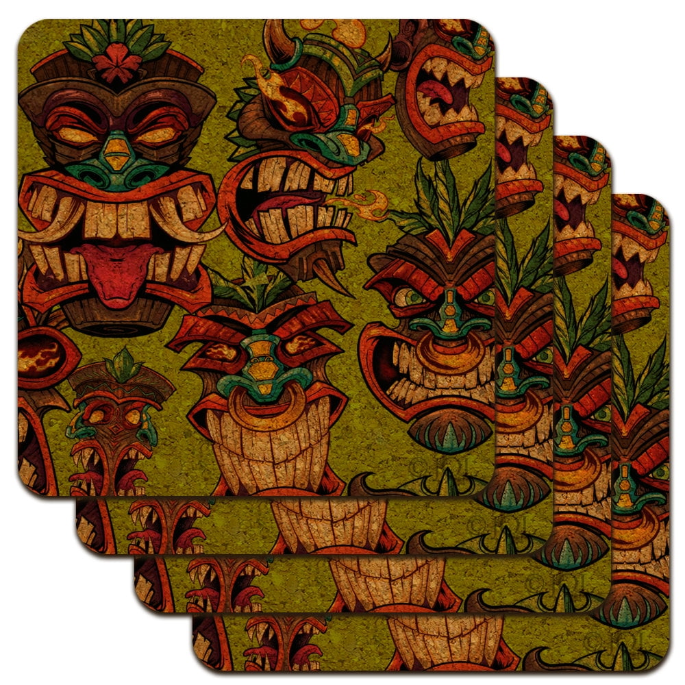 Tiki Heads Island Tropical Hawaii Low Profile Novelty Cork Coaster Set ...