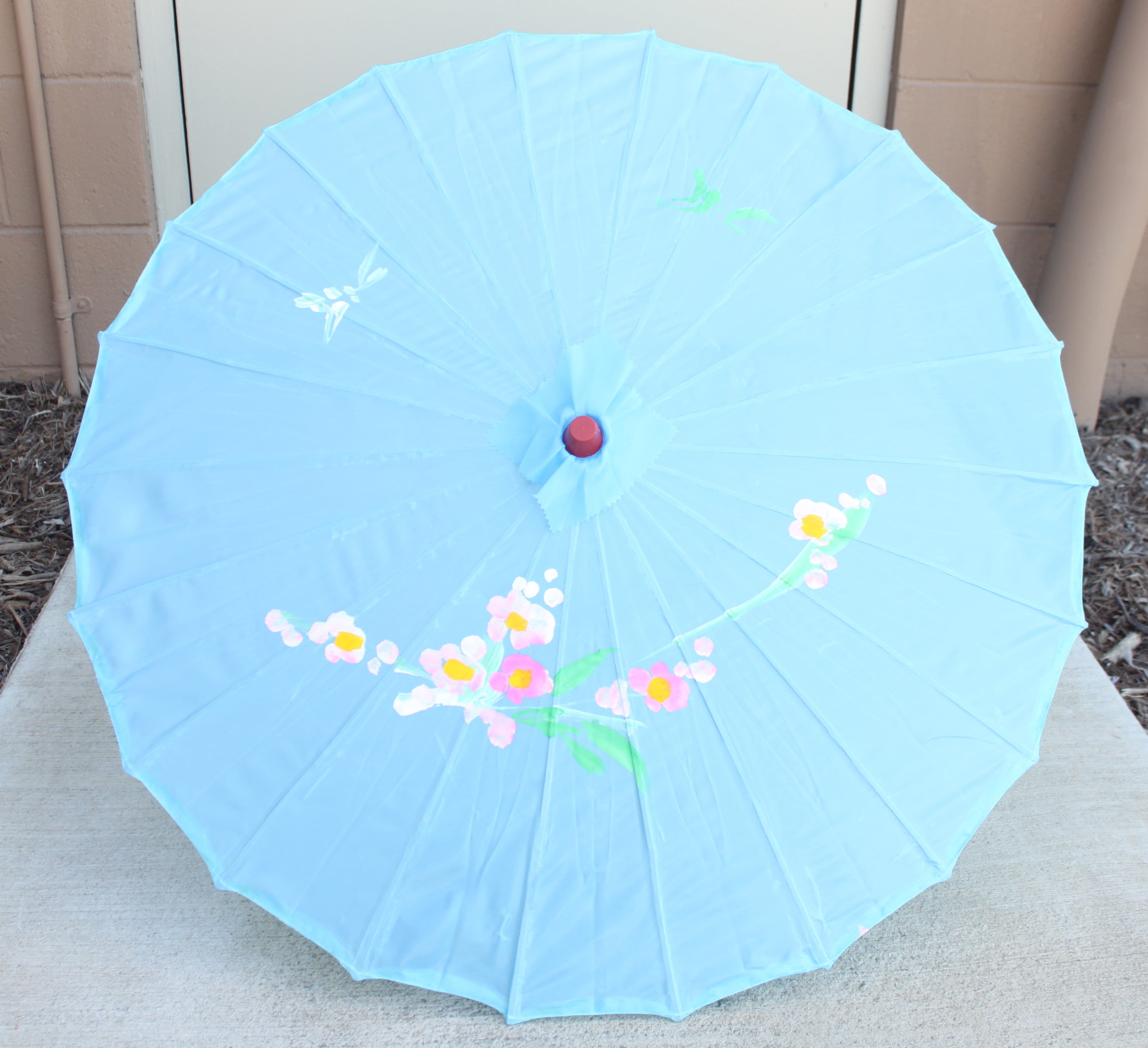 32" Inch Diameter Light Blue Floral Pattern Wood Bamboo Nylon Parasol ...