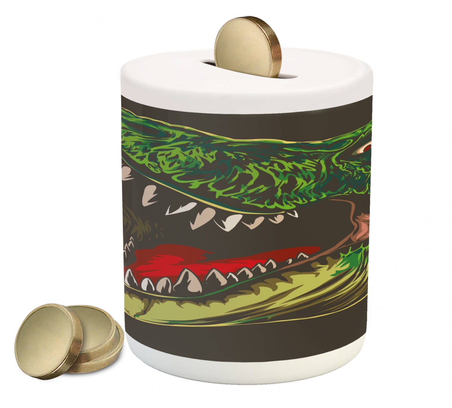 Dinosaur Piggy Bank, Aggressive Wild T-Rex Head Colorful Hand Drawn ...