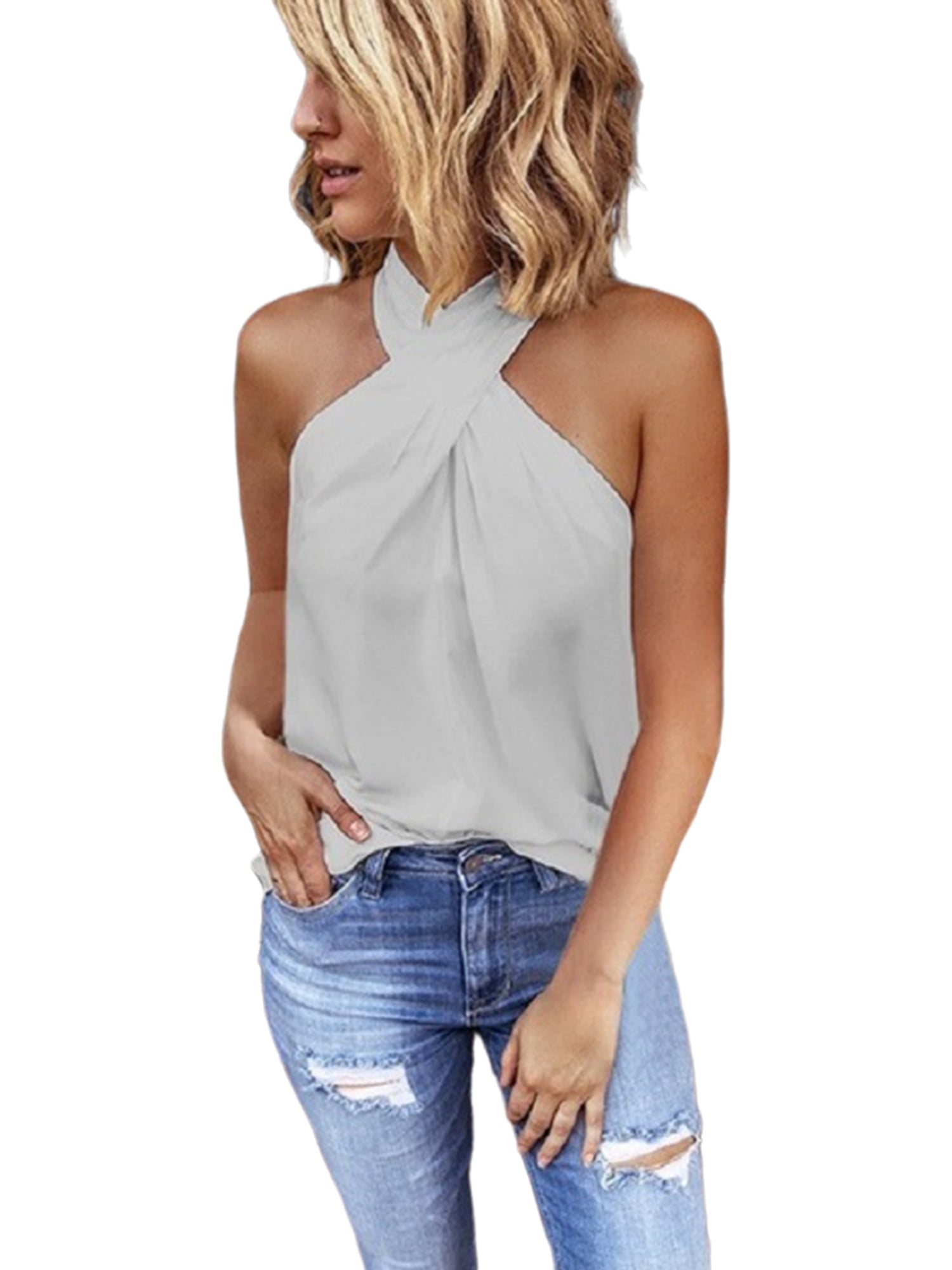 ORQ Women Off Shoulder Halter Neck Vest Criss Cross Wrap Top Loose ...