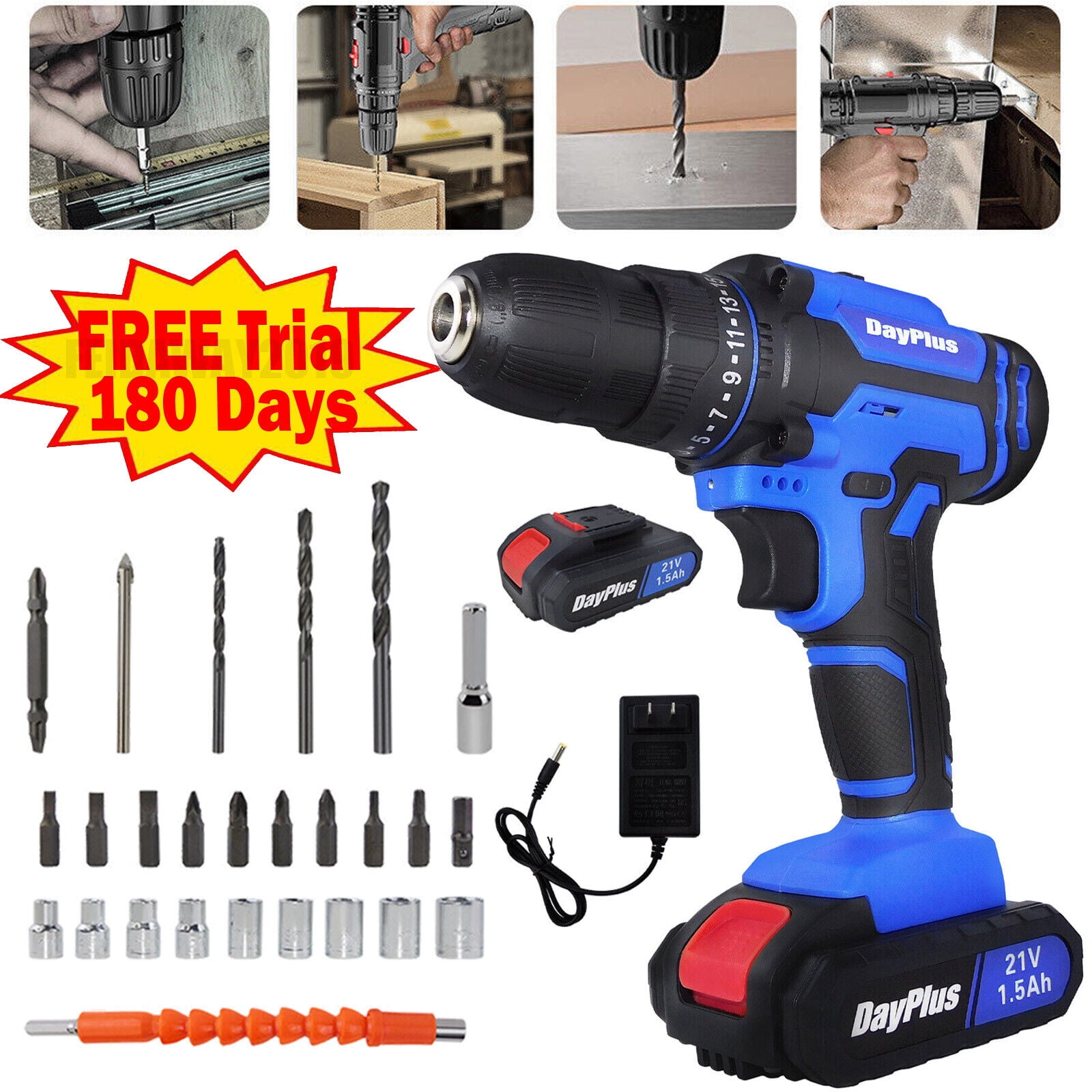 Dayplus 21V Rechargeable Cordless Electric Screwdriver Drill Set Power ...