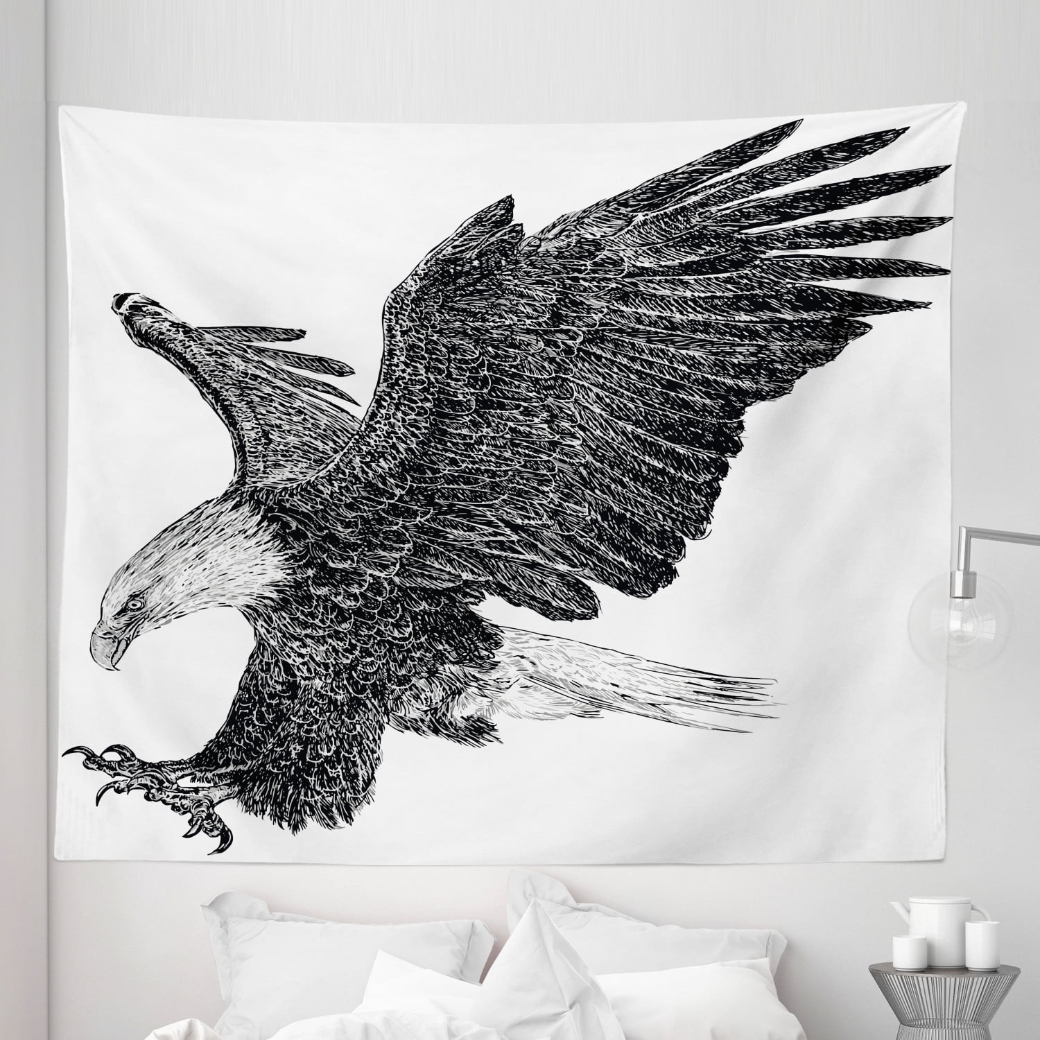 Animal Tapestry, Bald Eagle Swoop Hand Drawn Sketchy Flying Hunter ...