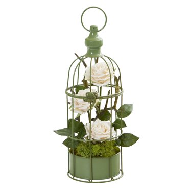 Nearly Natural Red Roses Silk Arrangement in Decorative Bird Cage ...