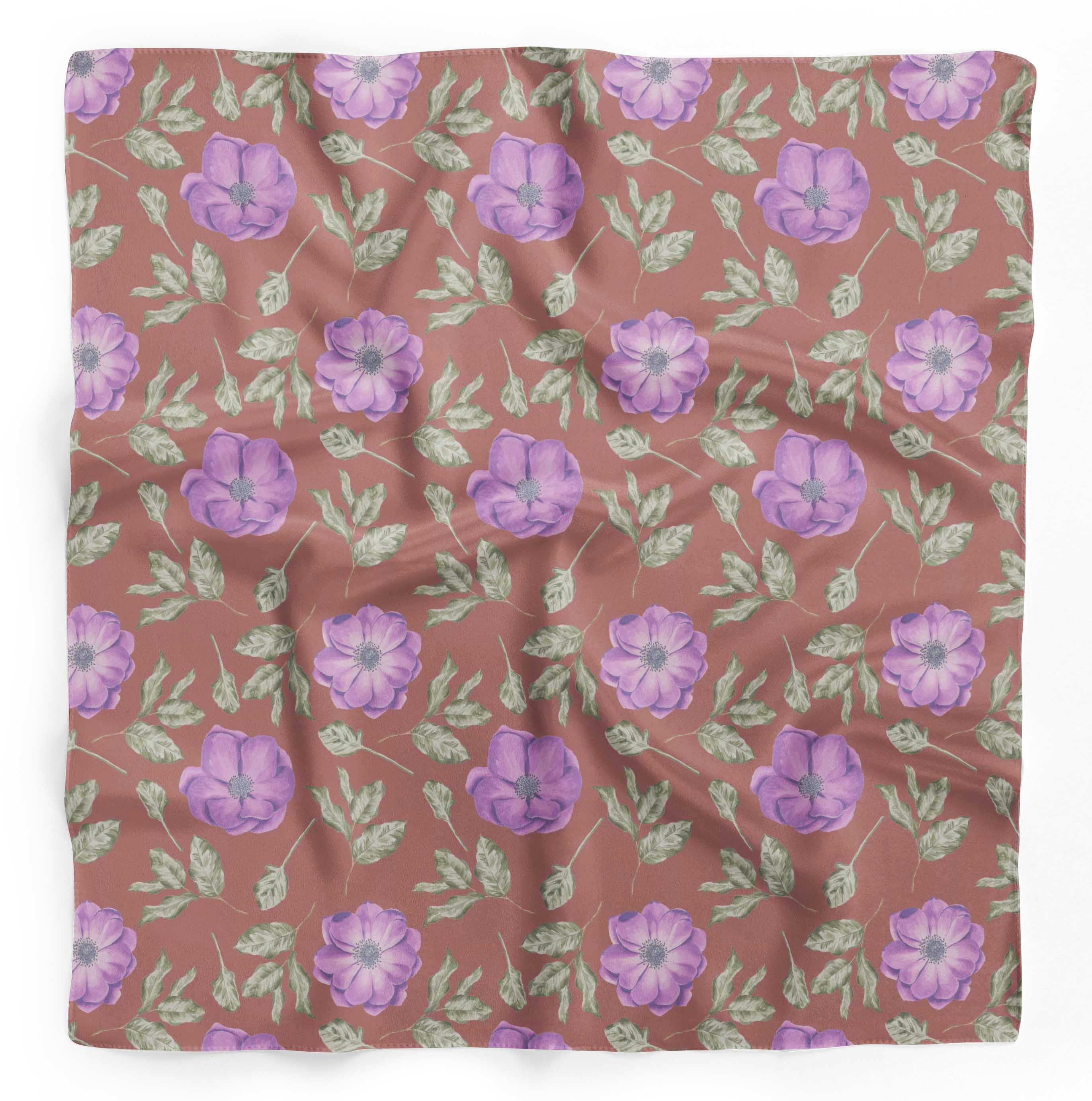 Bimba Brown Leaves & Purple Flower Floral Printed Pure Silk Scarf For ...