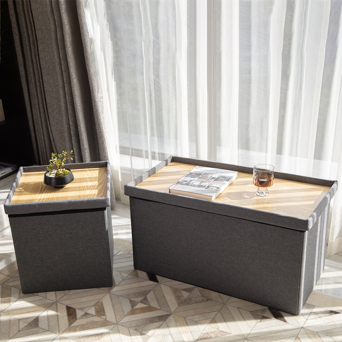 PINPLUS 30" & 15.7" Set of 2 Folding Ottoman Bench with Storage, Coffee ...