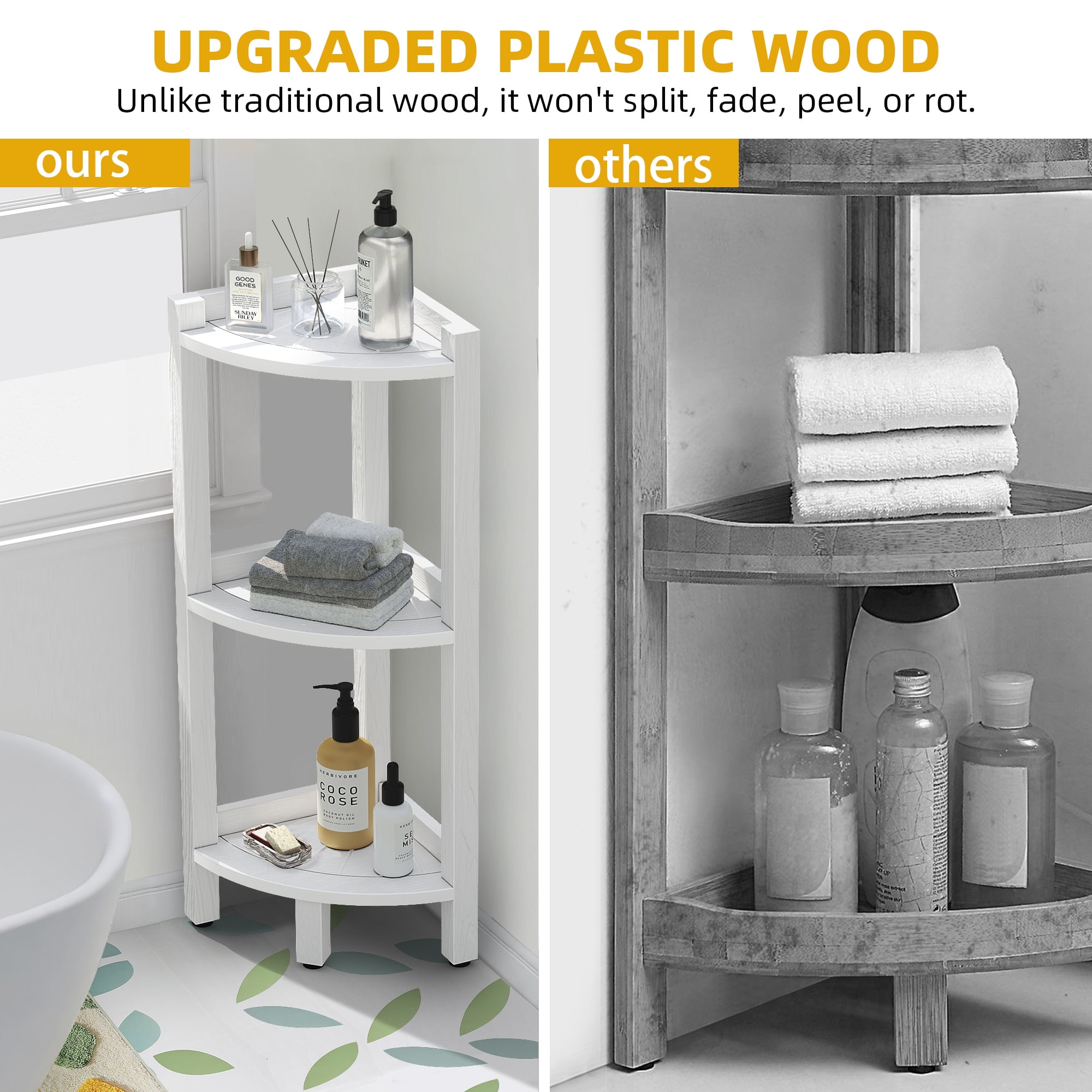 DWVO 3 Tiers Corner Shelf Corner Stool Poly Lumber Corner Shower Bench Bathroom Shelf Organizer Floor Standing Bookshelf Hips Water Resistant Corner Shelf Stand for Bathroom White Walmart