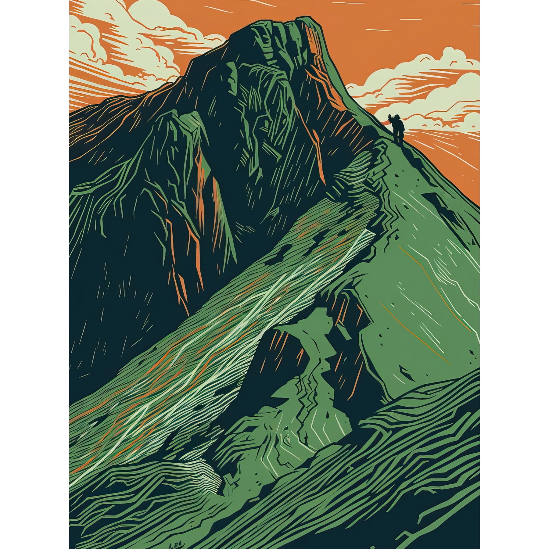 Hiking the Striding Edge Orange and Green Linocut Unframed Wall Art ...